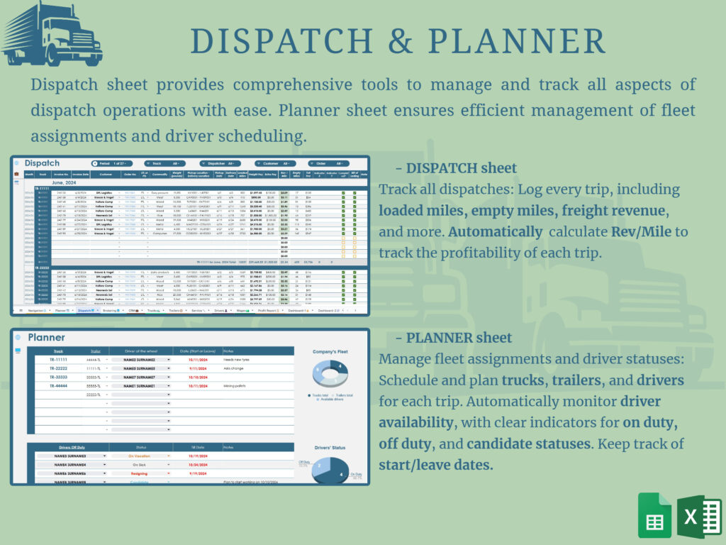 Trucking Management Google Spreadsheet, Excel Workbook